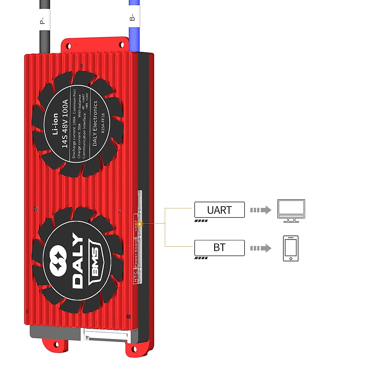 DALY Smart BMS Li-ion 48V 14S 100A with UART Communication, Resetting Bluetooth Module,Common Port for RV Lithium Power Rated 3.7V Converter (Smart BMS,100A)