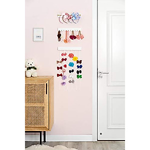 Mkono Hair Bows Holder Organizer for Girls, Headband Bow Rack with Golden Metal Bar and 10 Hooks, Set of 3 Wood Hair Clips Bow Storage Organizer for Girls Hair Accessories Organize