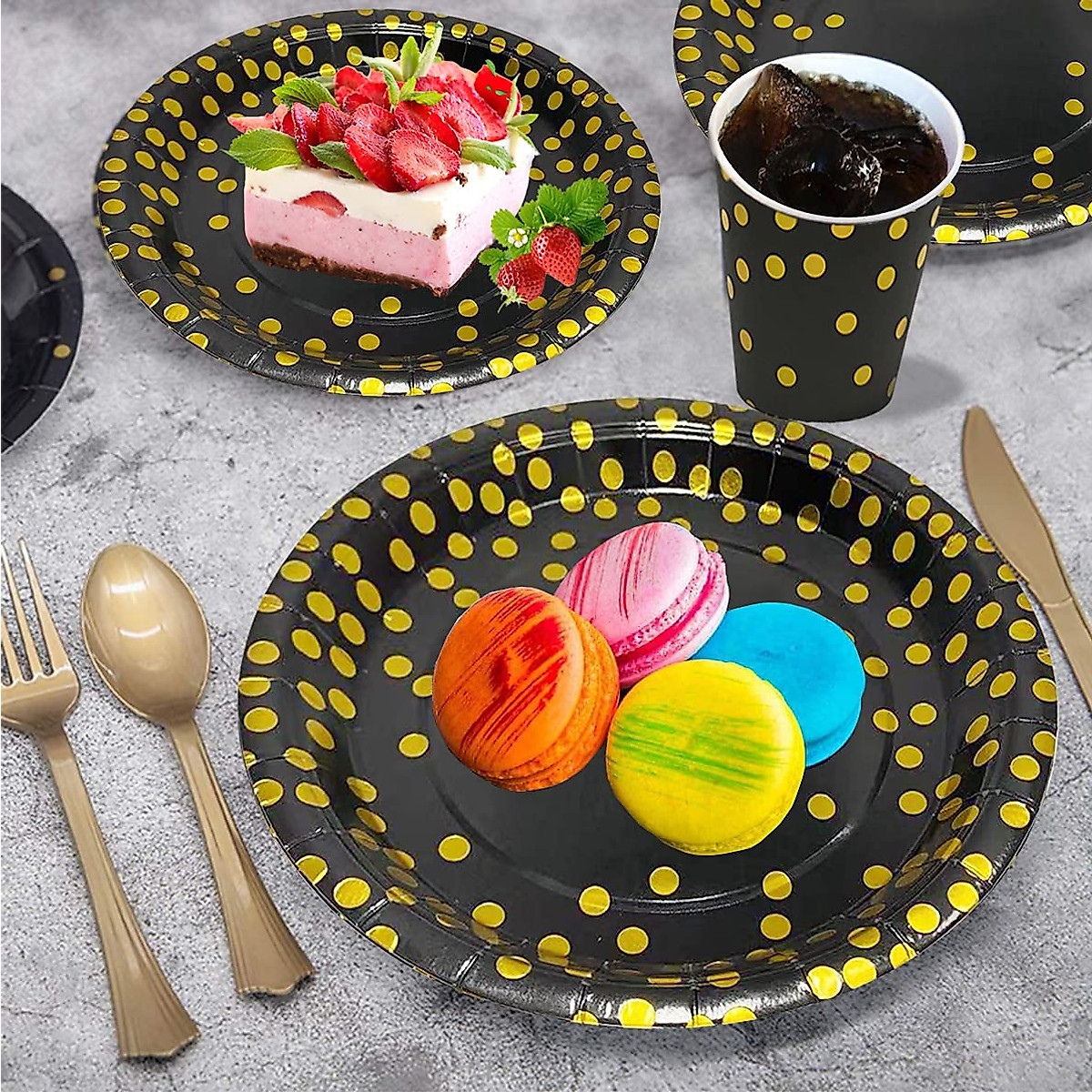 New Years Eve Party Supplies 2025 Christmas Decorations Party Plates Napkins Set Black and Gold Party Supplies 350 Pcs Disposable Paper Plates Napkins Gold Fork Knives Spoon, Serves 50