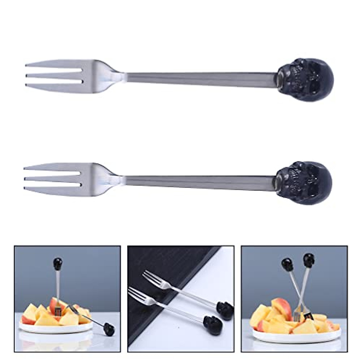 Hemoton 2pcs Salad Fruit Fork Stainless Steel Food Picks Metal Appetizer Sticks Western Salad Forks Black Outfit Dessert Three Prong Forks Black Metal Mixed Fruit Resin Skull Set