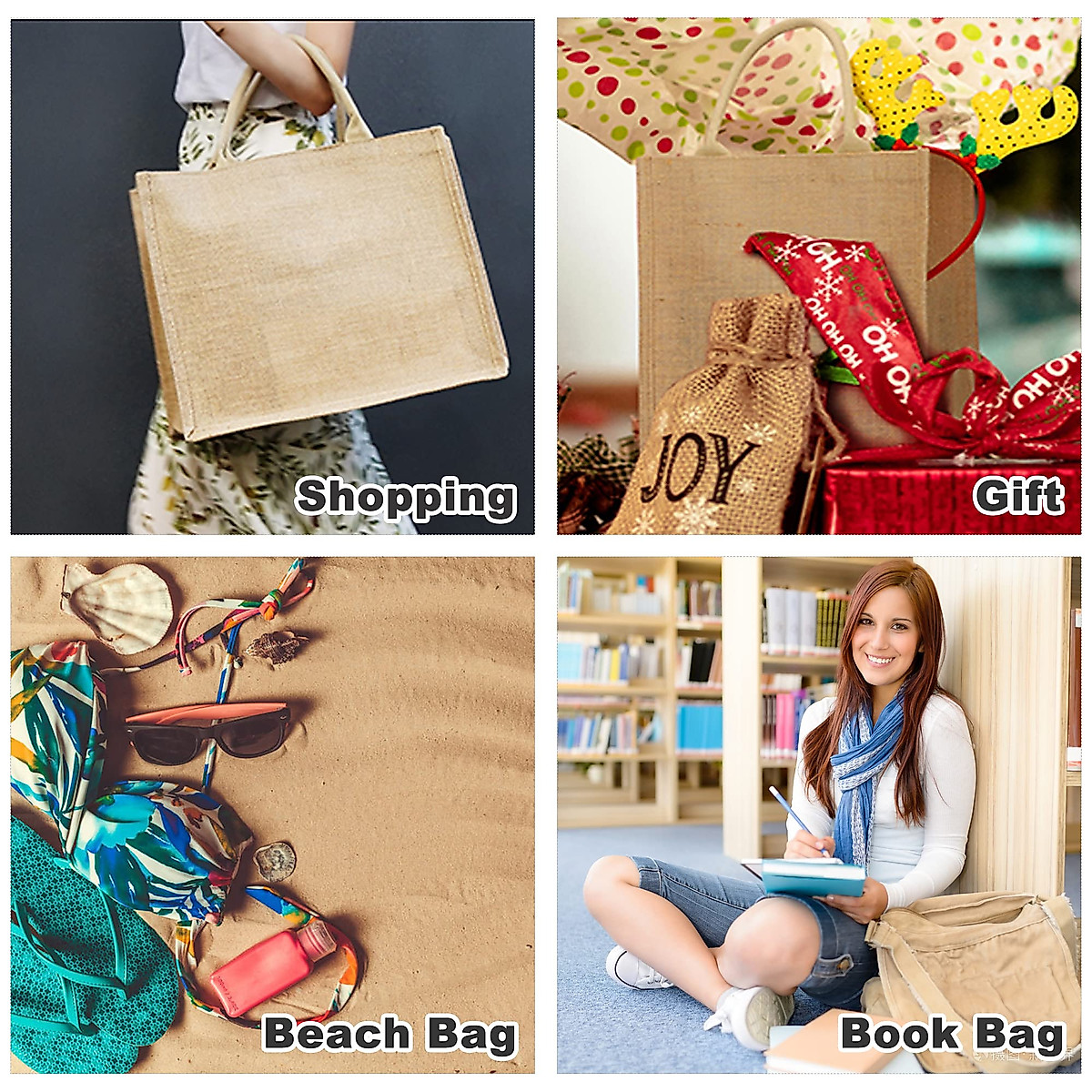 BeeGreen 8 Pack Burlap Jute Tote Bags Bulk X-Large Full Gusset with Inner Zipper Pocket & Cotton Handles Blank Burlap Bags for Beach Teacher Mother Bridesmaid Wedding DIY Decoration