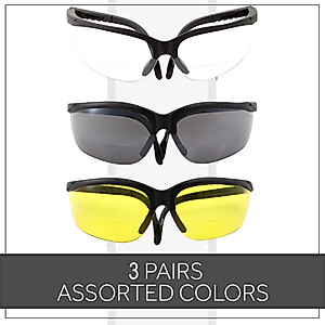 grinderPUNCH 3 Pairs Combo Bifocal Safety Reading Glasses - Assorted Colors Clear Black Yellow Lens - With Side Cover (Diopter +2.50)