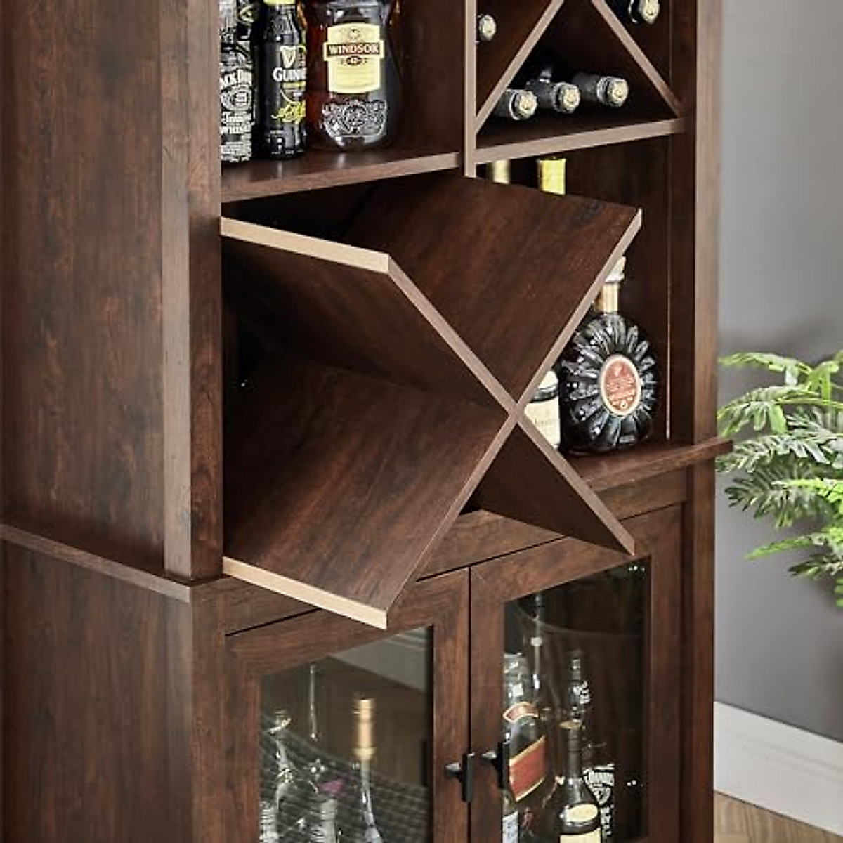Home Source 72" Wood Exquisite Bar Wine Cabinet with Storage,Liquor Cabinet with Removable Wine Racks,Bookcase,Kitchen Pantry Storage Cabinet for Kitchen,Dining Room, Living Room,Mahogany
