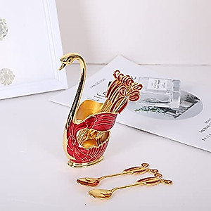 Gusnilo 11PCS Coffee Spoon Dessert Fork Dinnerware Set,Swan Base Holder with 5 Forks and 5 Spoons Metal Dinnerware Set Mini Dessert Spoons Use for Family Dessert Shop (Red,Swan)