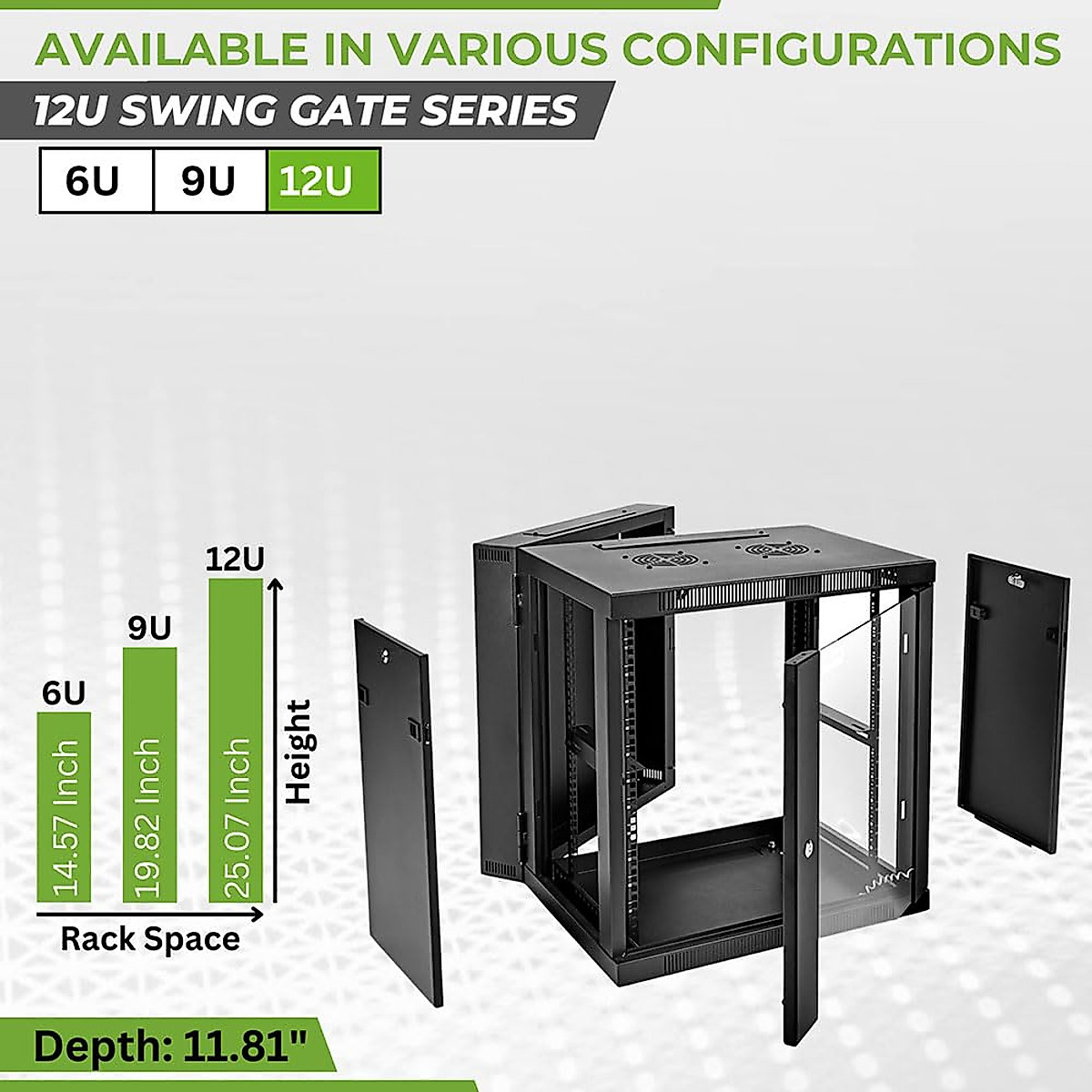 NavePoint 12U Server Cabinet with Hinged Back - 17.7” Deep, 12U Server Rack Enclosure with Locking Glass Door, Wall Mount Rack with Removable Side Panels, 12U Network Cabinet with 2 Fans, Assembled