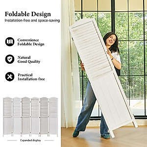 Room Dividers, 5.75Ft Individual Privacy Screens Foldable Wooden Louver & MDF Stable Wall Divider for Home Office Bedroom, 6 Panels (White-Washed)