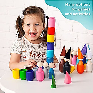 Ulanik Large Peg Dolls in Cups with Hats Toddler Montessori Toys for 3 Year Old + Wooden Waldorf Dolls for Learning Color Sorting and Counting — 12 Gnomes