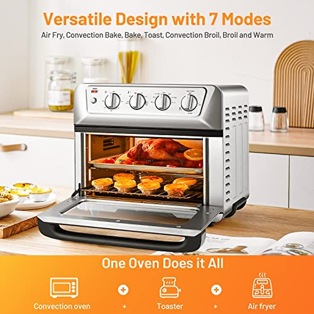 MEDIMALL 21.5 QT Air Fryer Toaster Oven, 7-in-1 Air Fryer Oven Combo w/ Timer, Auto Shut-off, Accessories Recipe, Stainless Steel Convection Countertop Oven for Bake, Broil, Toast, Reheat, Fry