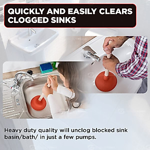 SUPPLYGIANT SU3222 Sink Plunger - Heavy Duty Rubber Plunger for Bathroom - Small Plunger for Sink with 9” Wooden Handle to Fix Clogged Basins and Tubs