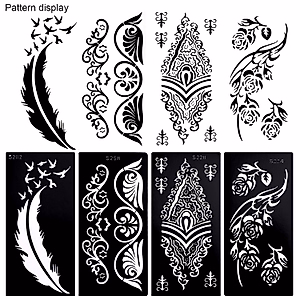 Konsait 10Sheets Large Temporary Tattoo Stencils, Reusable Henna Tattoo Sticker Template Feather Butterfly Mandala Flower Jewelry Face Body Art Glitter Tattoo Stencil Kit for Adults Women Girls