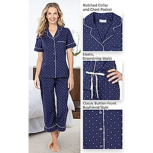 PajamaGram Capri Pajamas for Women - Cotton PJs Women, Polka Dot, Navy, L, 14-16