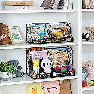 2 Tier Stackable Kids Book Organizer, Hanging Metal Bookshelf with Adjustable Dividers, Wall Floating Book Storage for Kids, Toddler, Nursery Room Decor, Black