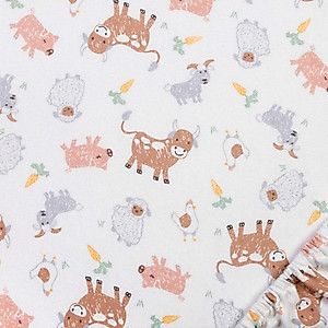 Farm Friends Deluxe Flannel Fitted Crib Sheet-Farm Animal Scatter Print Cotton Flannel, Grays, Brown, White, Orange, Fully Elasticized, 10 in Deep Pockets, Fits Standard Crib Mattress 28 in x 52 in