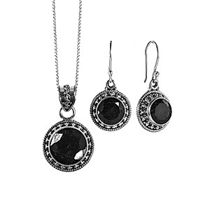 Sivalya AURORA Black Onyx Necklace and Earring Set in Solid Silver - Jewelry Set for Women in 925 Sterling Silver - Natural Teardrop Black Onyx Stones black Gemstone Jewelry- Gift Packaging Included