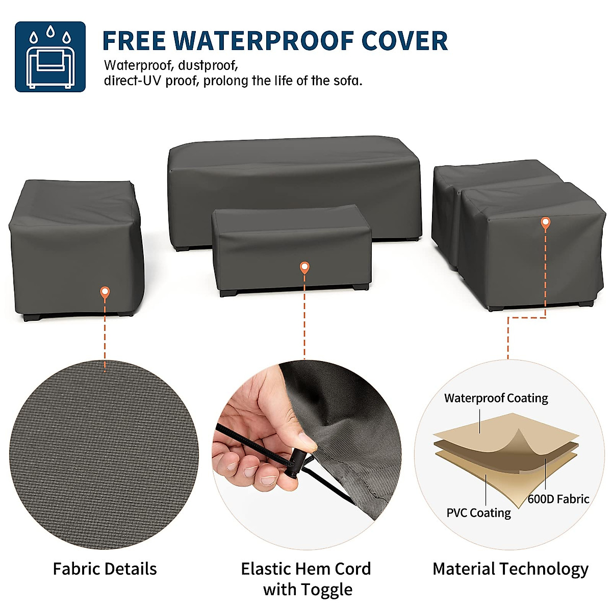 UDPATIO Outdoor Patio Furniture Set 5 Piece Wide Armrest Rattan Patio Sofa Sets w/Storage Table and Waterproof Covers for Poolside Deck Backyard, Grey