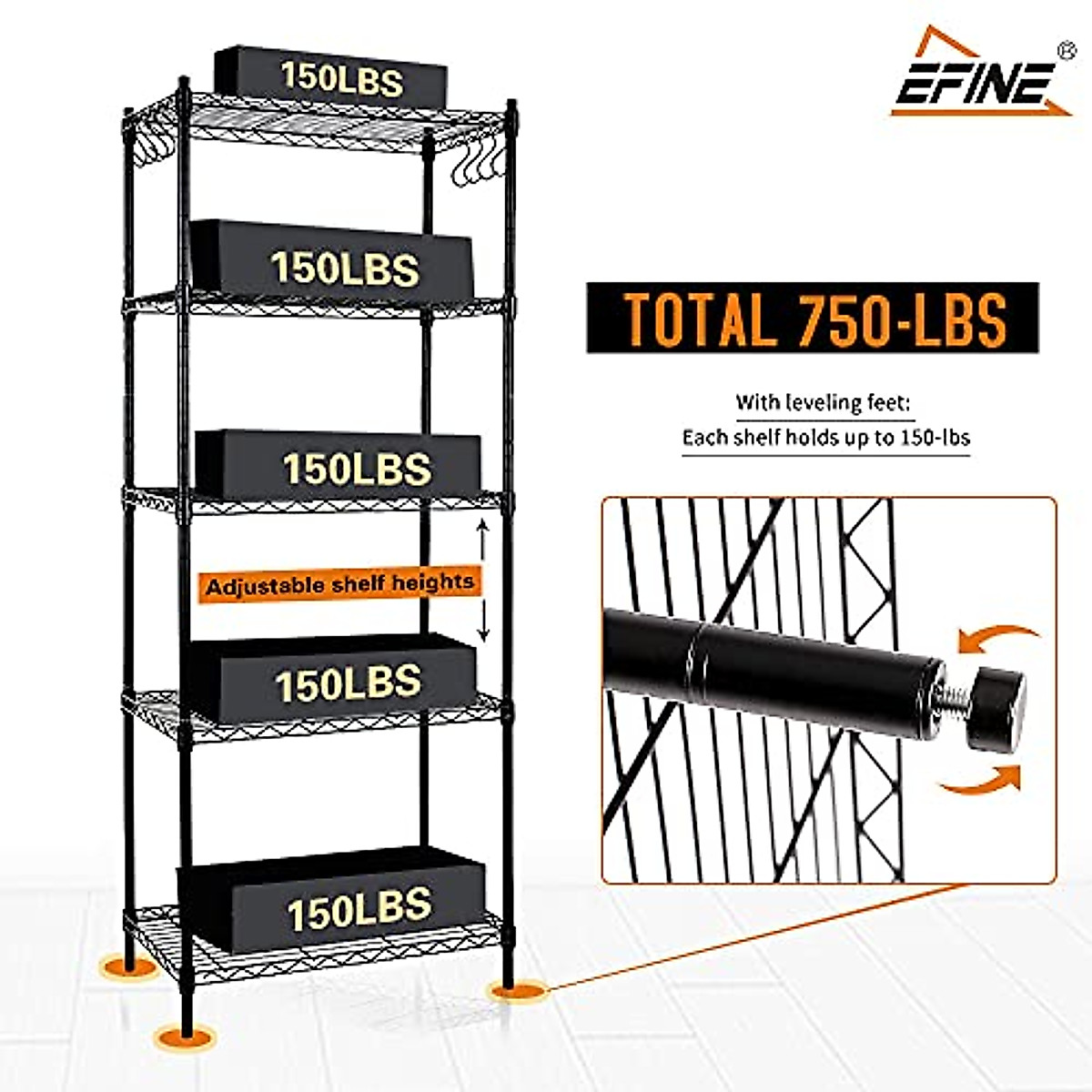 EFINE 2-Pack 5-Shelf Shelving Unit Rack with 8-Hook and 5-Shelf Liners, NSF Certified, Adjustable, 150lbs Loading Capacity Per Shelf, Shelving Rack for Kitchen and Garage (23.6W x 14D x 59H)