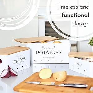 Canisters Sets for the Kitchen Organization, Potato Storage, Onion Storage, Garlic storage, Vegetable storage, Canisters Set for Countertop, Set of 3 Galvanized Steel with Ventilation and Bamboo Lids