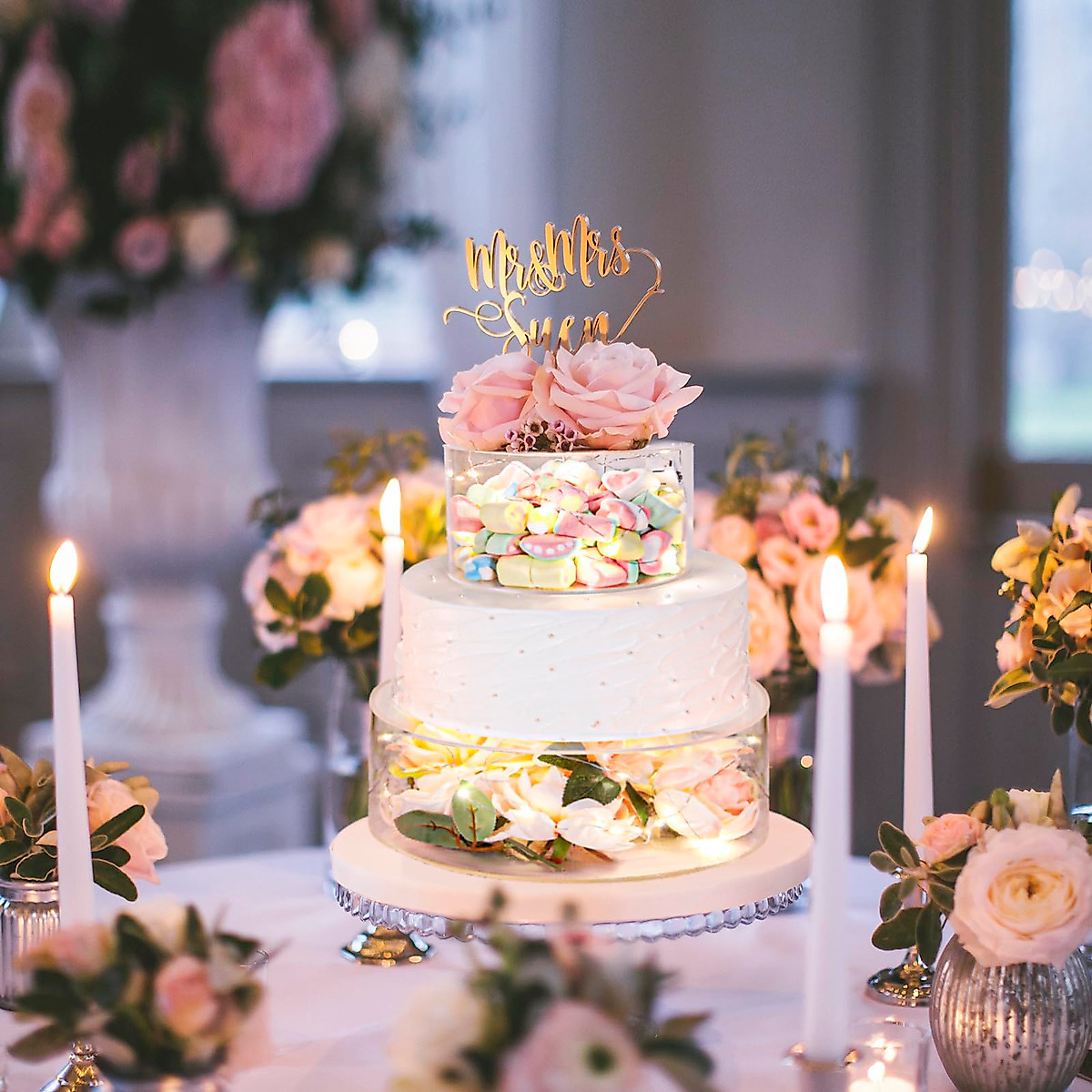 3 Pcs Clear Cake Stand with 3 LED Lights Fillable Acrylic Cake Stand with Lid, Wedding Cake Stand Clear Acrylic Cake Box Floating Cake Stand Cylinder Stands for Party Wedding Birthday Anniversary