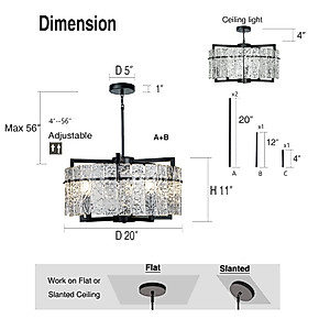 Modern Black Crystal Chandeliers for Dining Room, Luxury Water Ripple Glass Light Fixture, Elegant Farmhouse Round Lighting for Kitchen Island, Bar Table, D20