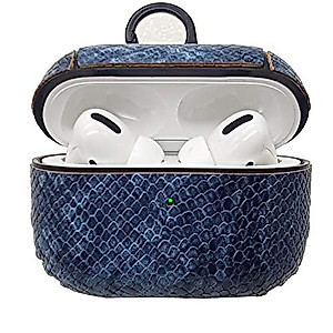 Seadream Snake Skin Pattern Shock Absorbent PC Texture PU Leather Skin with Keychain Compatible for AirPods Pro Case (Blue)
