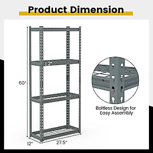 Tangkula 4-Tier Garage Storage Shelves, Heavy Duty Metal Storage Shelving Unit, Adjustable Utility Storage Rack Organizer for Warehouse Kitchen Pantry Basement, 27.5" L x 12" W x 60" H (1, Gray)