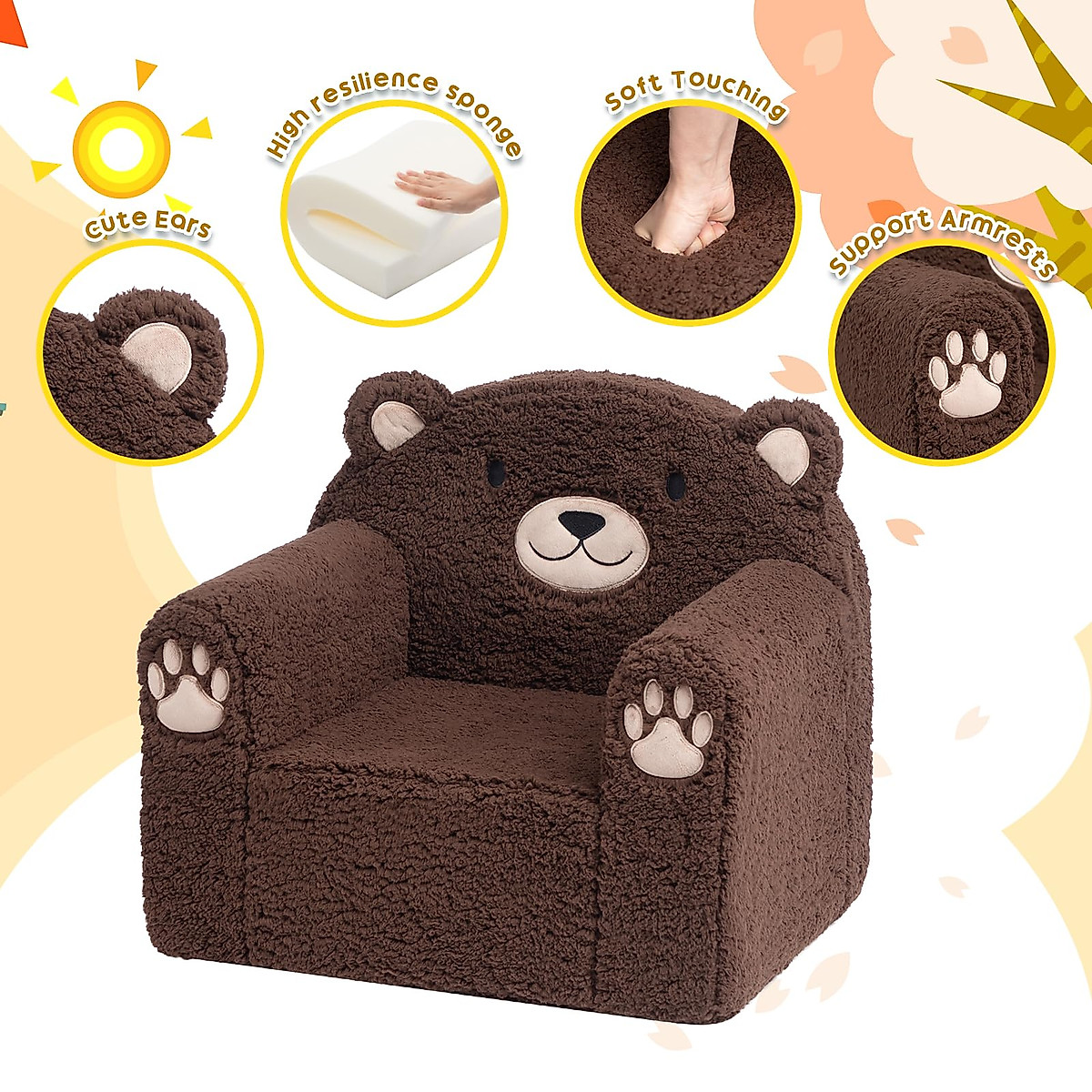 ALIMORDEN Toddler Couch Ultra-Soft Snuggle Chair, Comfy Sherpa Foam Filled Lovely Bear Sofa, Kids Cozy Corner Play Couch for Boys and Girls, Chocolate