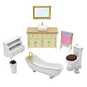 iLAND Dollhouse Furniture and Accessories 1/12 Scale of Dollhouse Bathroom Set incl Ceramic Dollhouse Toilet & Bathtub & Wooden Bathroom Vanity with Sink (Luxury 9pcs)