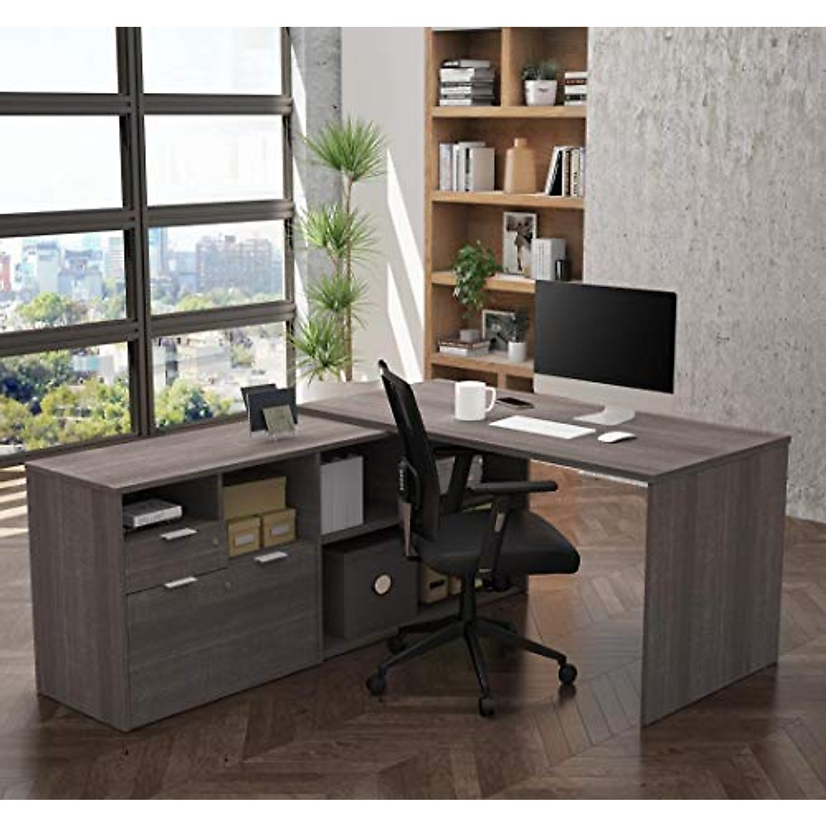Bestar i3 Plus L-Shaped Desk, 72W, Bark Grey