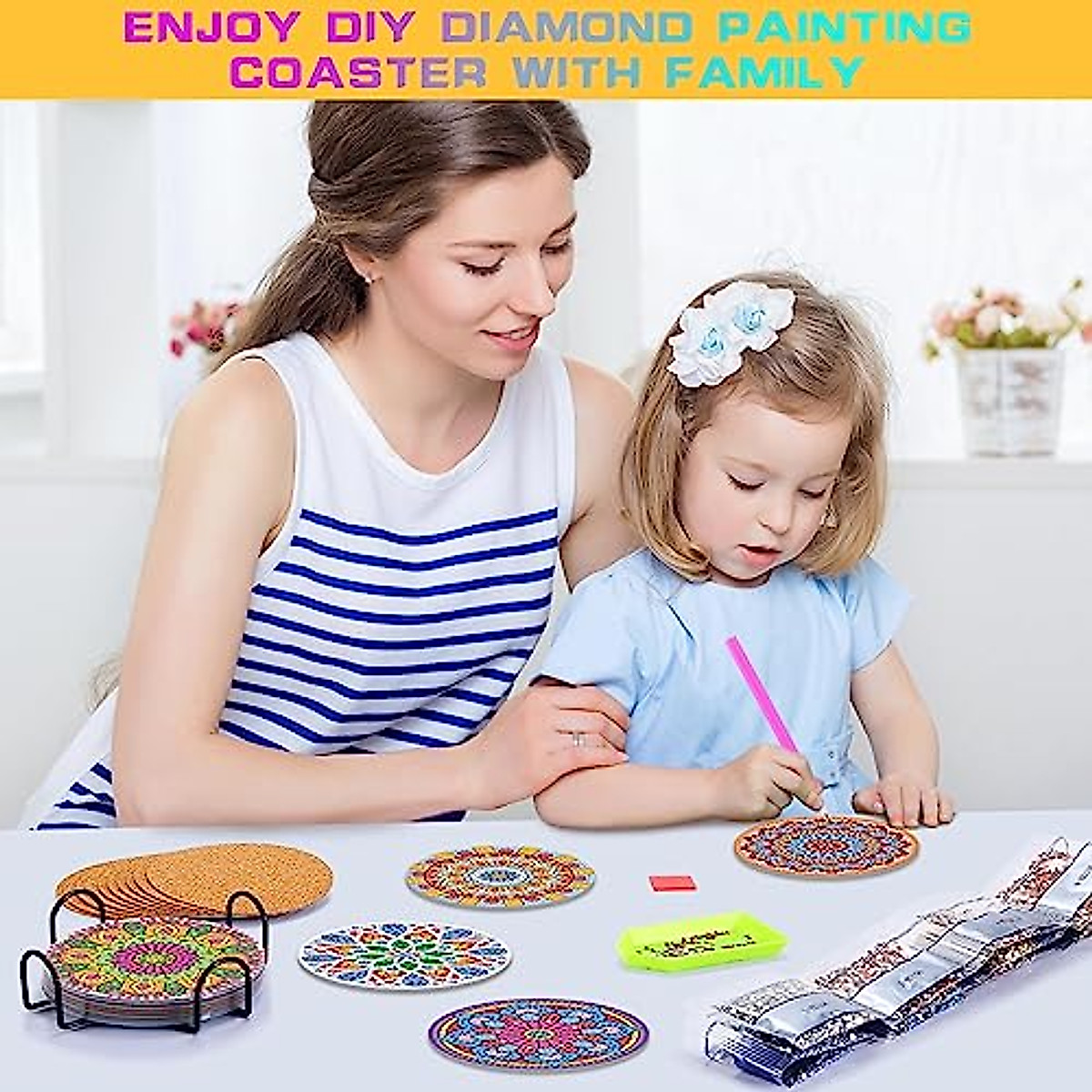 10 Pcs Diamond Painting Coasters with Holder, Mandala DIY Diamond Art Coasters Kits for Adults Kids Beginners Art Craft Supplies