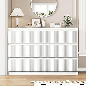 Jocoevol White Dresser 6 Drawer Dresser for Bedroom, Modern Fluted Dresser with Deep Drawers, Large Double Wooden Dresser Chest of Drawers for Living Room, Hallway, Entryway (White)