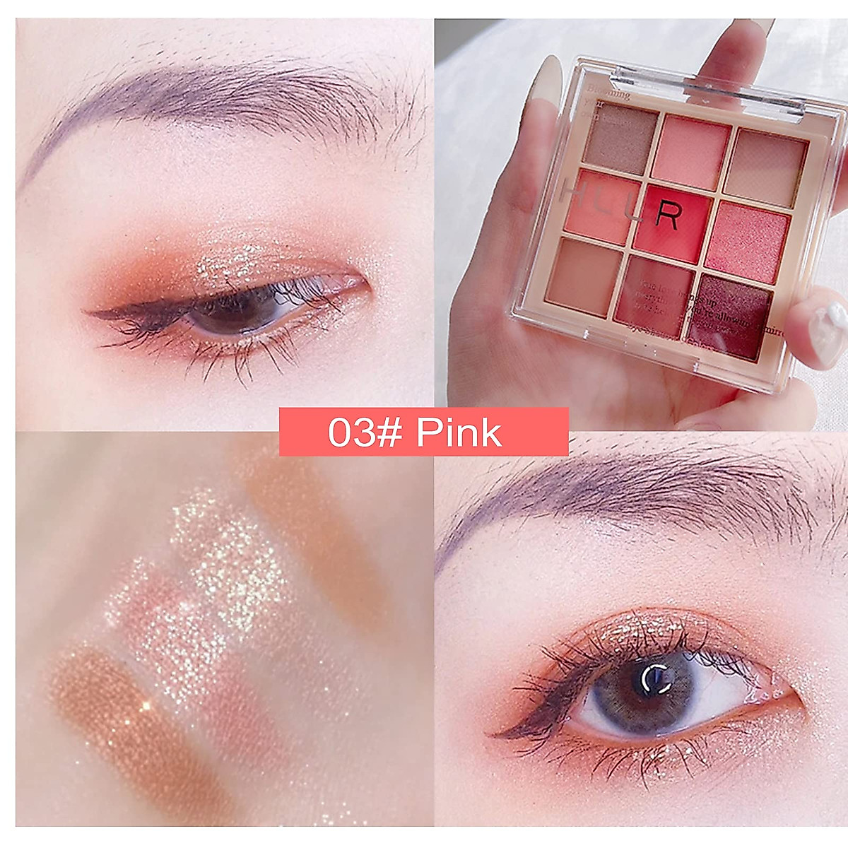 9 Color Glitter Matte Eyeshadow Palette, Pink Nude Red Cream Shimmer Eyeshadow Eye Shadow Makeup Palettes, Christmas Gift for Women Waterproof High Pigment Long-Lasting Korean Eye Makeup(03# Pink)