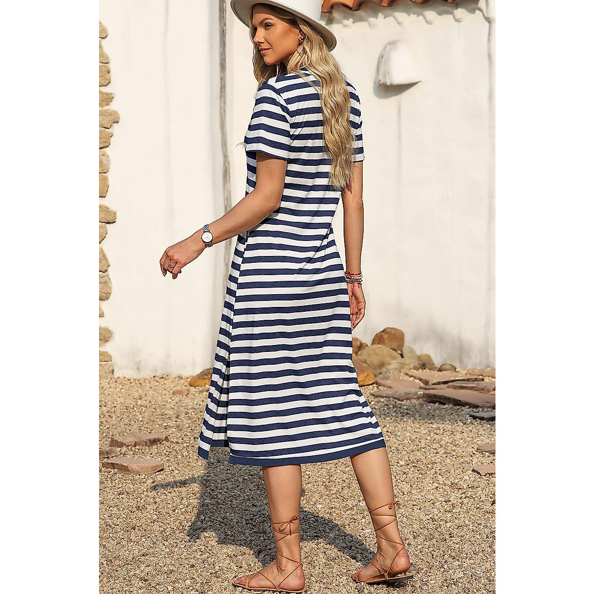 MARZXIN Women 2025 Casual Maxi Dress Short Sleeve V Neck Stripe Sundress Split Loose Long Summer Tshirt Activewear Dress Blue L