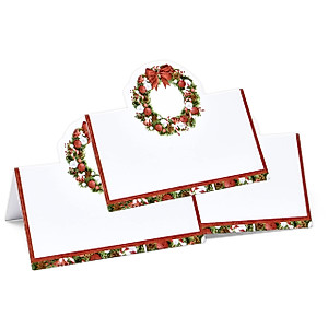 Gift Boutique 100 Pack Christmas Place Cards Holiday Seating Name Card Die Cut Xmas Wreath Table Setting Folded Paper Tent Cards for Dinner Wedding Tables Placement Party Decorations 2" x 3.5"