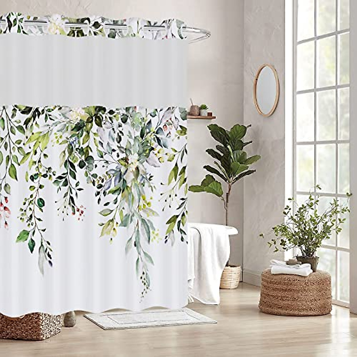 REZAYMRS Green Floral 3 in 1 Shower Curtain No Hooks, 71x74 inch Waterproof & Washable, Polyester Snap in Fabric Liner, Sheer Top Window, Double Layer Bathtubs Hotel Shower Curtains Set
