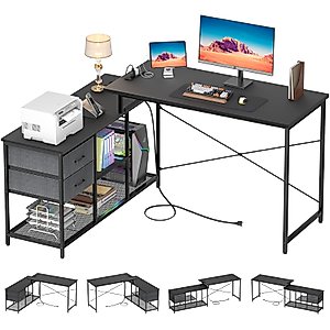 Homieasy Reversible L Shaped Desk with Power Outlet, Corner Computer Desk with Drawers and Storage Shelves, L-Shaped Long Home Office Desk Study Writing Desk Gaming Desk, Black