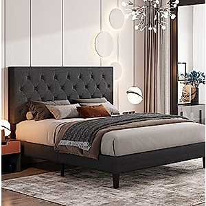 Allewie Queen Bed Frame with Adjustable Headboard/Diamond Stitched Button Tufted/Fabric Upholstered Platform Bed Frame/Wood Slat Support/No Box Spring Needed/Easy Assembly, Dark Grey