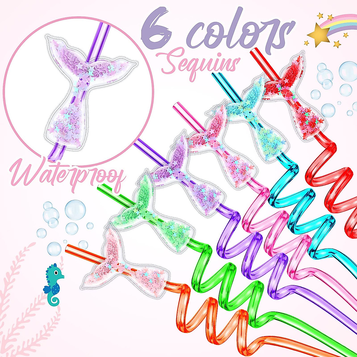 24 Pieces Mermaid Party Favors Glitter Mermaid Tail Straws Reusable Sparkly Drinking Straws for Mermaid Birthday Pool Party Supplies Decorations Gift Bag Fillers