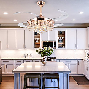 OUKANING 42inch Crystal Chandelier Ceiling Light LED 4 Acrylic Automatic Retractable Crystal Fan Blade Ceiling Lamp for Living Room Dining Room Hall Rose Gold