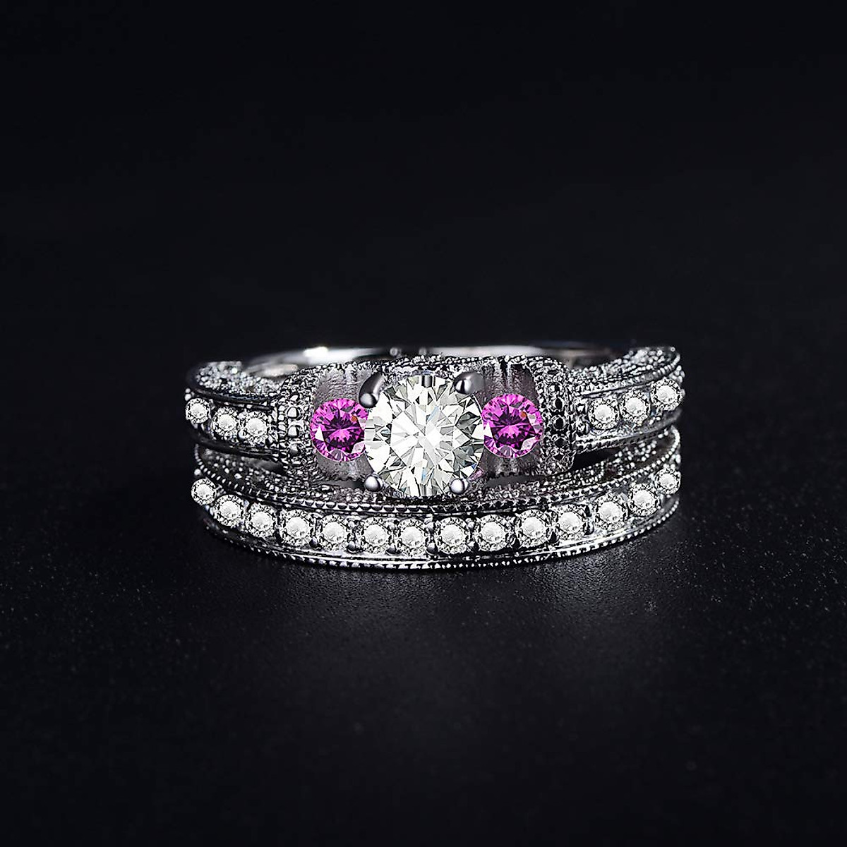 YAZILIND Women Platinum Plated Princess Cut Pink Cubic Zirconia Wedding Engagement Ring Set Size 8