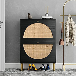 SSLine Shoe Cabinet with 2 Flip Down Storage Shelves Free-Standing Shoe Rack Modern Black Wood Shoe Storage Organizer w/Unique Rattan Decor &Gold Handles for Entryway Hallway Doorway