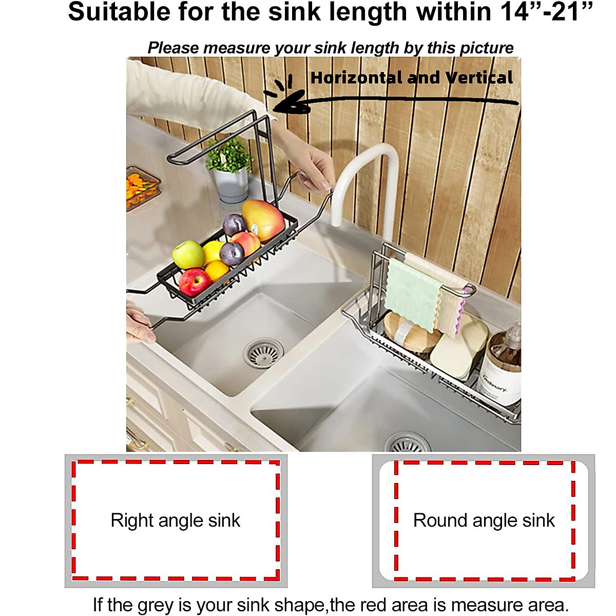 Telescopic Sink Storage Rack, Expandable Sponge Holder for Kitchen Sink, Sink Caddy Organizer with Dishcloth Towel Holder,Over Sink Telescopic Sink Rack Sponge Brush Soap Holder for Home Kitchen