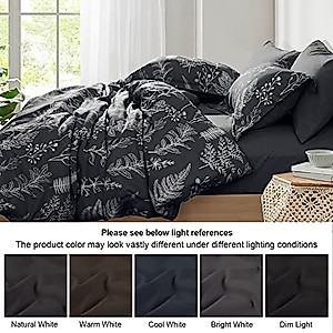 PHF Soft Printed Comforter Sets California King-7 PCS Bed in A Bag Comforter & Sheet Set-Botanical Cozy Bedding Set Include Comforter, Pillow Shams, Flat Sheet, Fitted Sheet and Pillowcase, Black