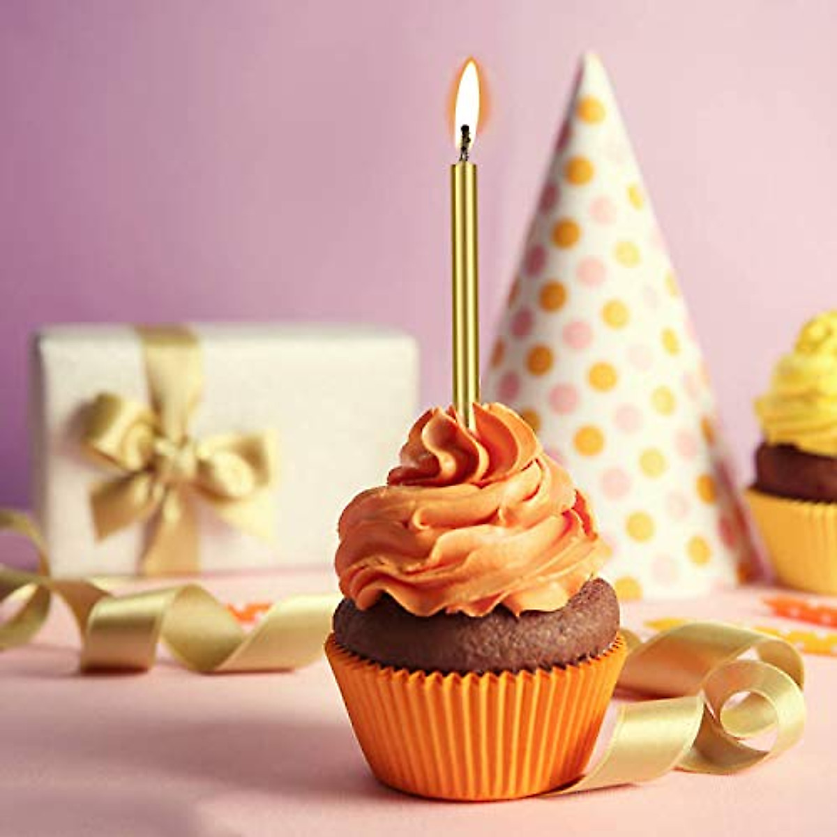 LUTER Metallic Birthday Candles in Holders Tall Birthday Cake Candles Long Thin Cupcake Candles for Birthday Wedding Party Decoration(24 Pieces) (Gold)