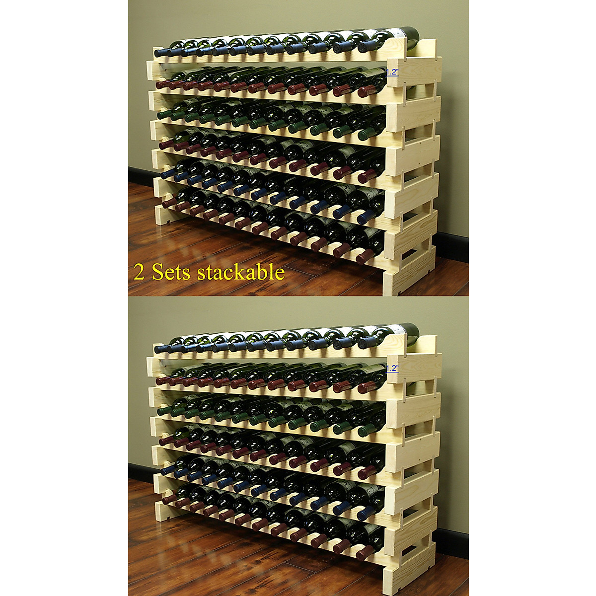 Stackable Modular Wine Rack Freestanding Storage Stand Display Shelves, Thick Wood Natural 12 X 12 Rows 144 Slots