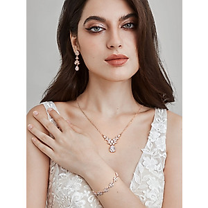 SWEETV Teardrop Wedding Bridal Jewelry Set for Brides Women Bridesmaid, Crystal Rhinestone Backdrop Necklace Earring Sets for Prom (Rose Gold Necklace Earrinags Bracelet)