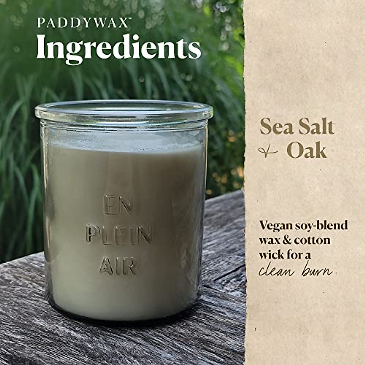 Paddywax Firefly Candle Co. En Plein Air Scented Candles with Soy Wax Blend and Reusable Glass Jar for Home Fragrance and Aromatherapy - 10 Ounce, Sea Salt & Oak, Gray