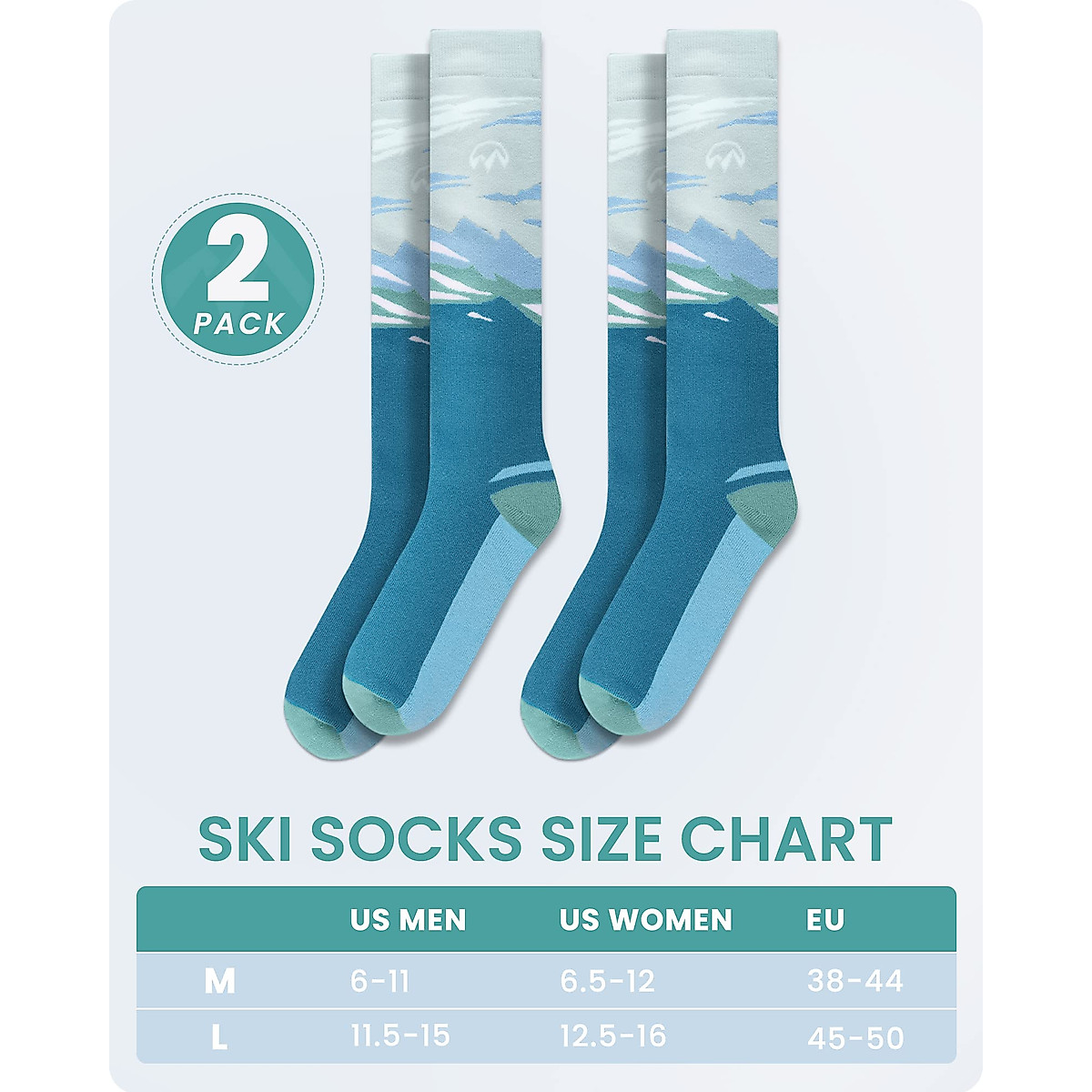 OutdoorMaster Ski Socks, 2-Pair Pack Skiing and Snowboarding Thermal Socks for Women with Over the Calf Design w/Non-Slip Cuff, Mountain Patterns - Ocean Blue,M/L