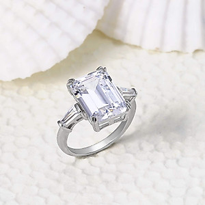 Bling Jewelry Art Deco Style Bridal Wedding Big 10CT AAA CZ Solitaire Emerald Cut Statement Engagement Ring For Women .925 Sterling Silver Cubic Zirconia Baguette Side Stones