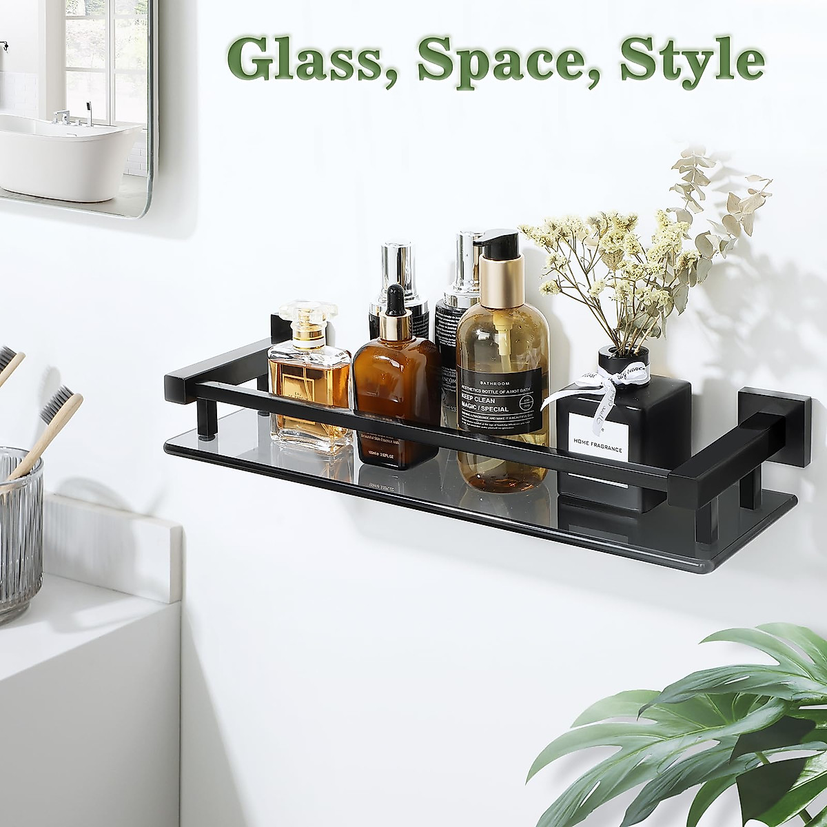 Alise Glass Bathroom Shelf, Matte Black Tempered Glass Shelves for Bathroom, Stainless Steel Modern Bathroom Floating Shelves Wall Mounted, 16 inch