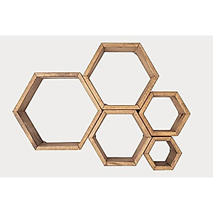 Red River Hexagon Floating Shelves Set of 5,Wall Mounted Wood Farmhouse Storage Honeycomb Wall Shelf,Floating Shelf,Wall Shelf for Bathroom,Kitchen, Bedroom, Living Room, Office (Dark Brown)